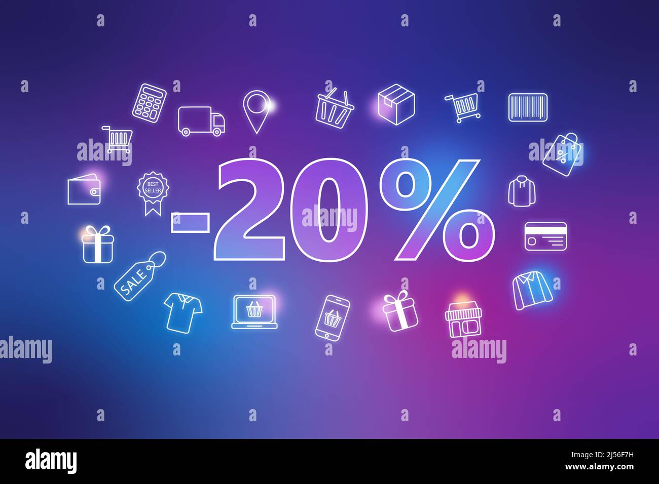 Colorful neon glowing - 20 % off sale tag hanging on violet background ...