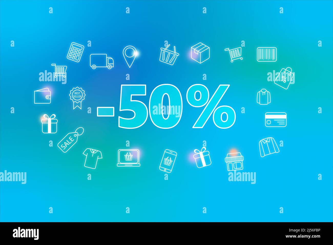 Colorful neon glowing - 50 % off sale tag hanging on light blue ...