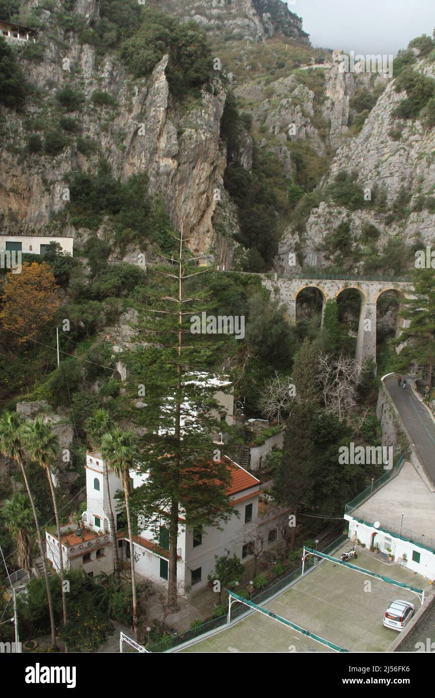 Amalfi Coast, Italy. The scenic Amalfi Drive passing over a high bridge ...