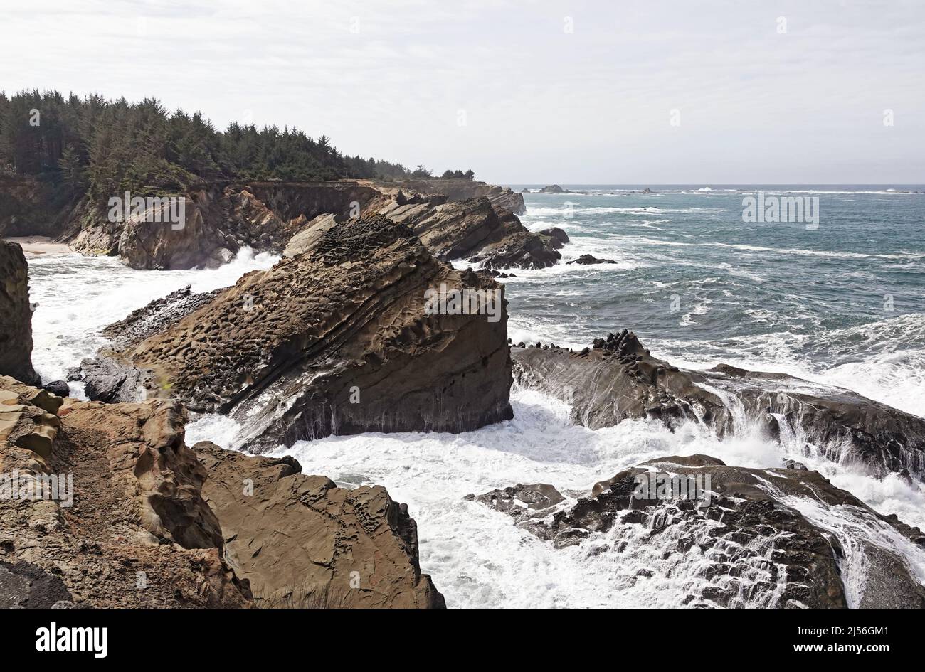 The rocky shoreline of Shore Acres State Park along the Oregon Pacific ...