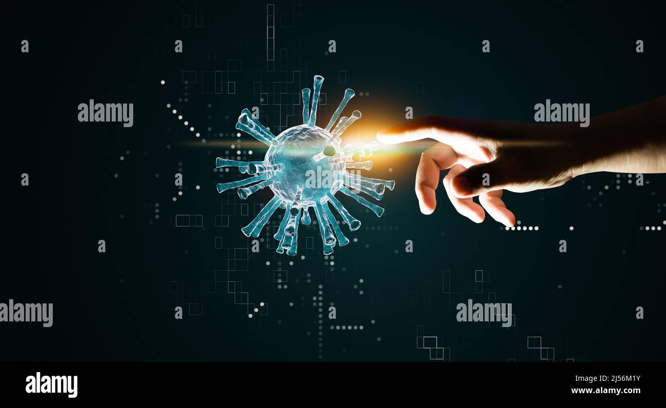 Hand touching virus model on dark background Stock Photo - Alamy