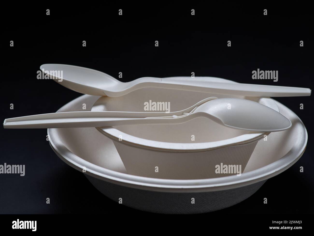 Paper dish and bowl with the disposable spoons Stock Photo - Alamy