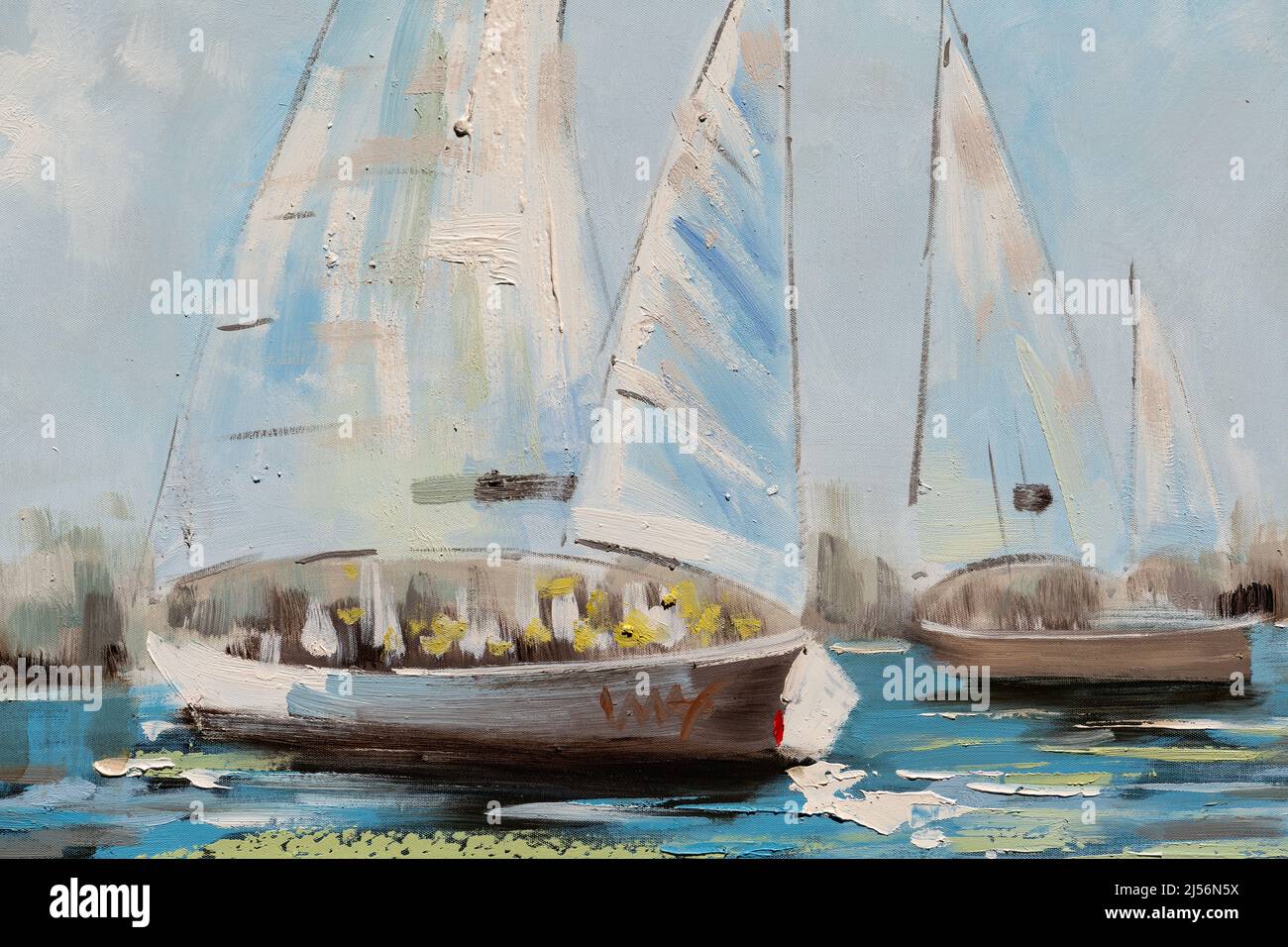 Sailing boats over water oil painting on canvas. Impasto artwork ...