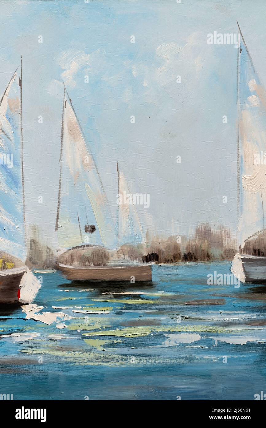Sailing boats over water oil painting on canvas. Impasto artwork ...
