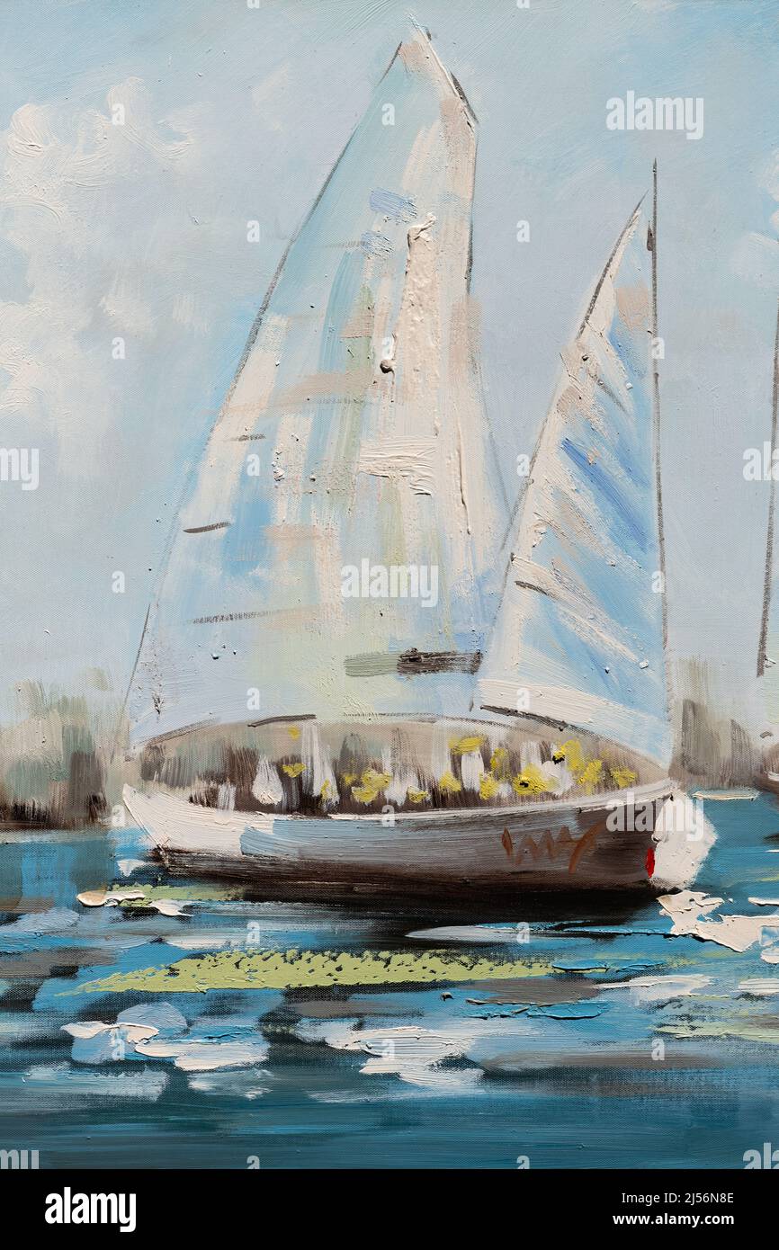 Sailing boats over water oil painting on canvas. Impasto artwork ...