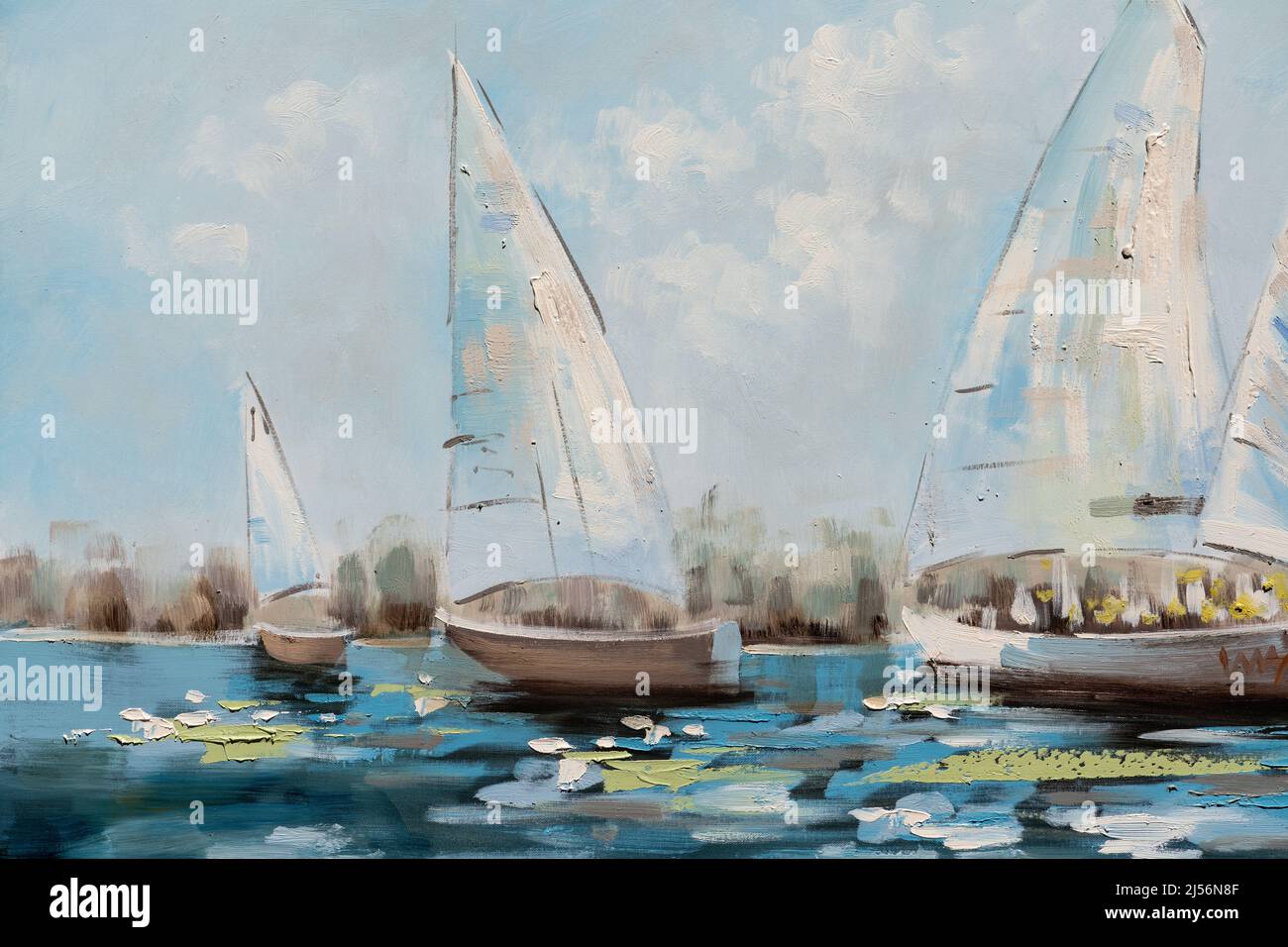 Sailing boats over water oil painting on canvas. Impasto artwork ...
