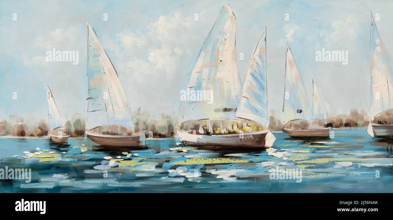 Sailing boats over water oil painting on canvas. Impasto artwork ...