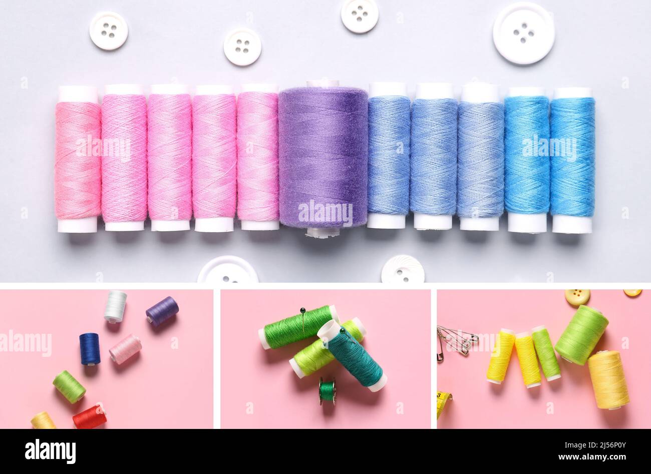 Collage with threads on color background, top view Stock Photo - Alamy
