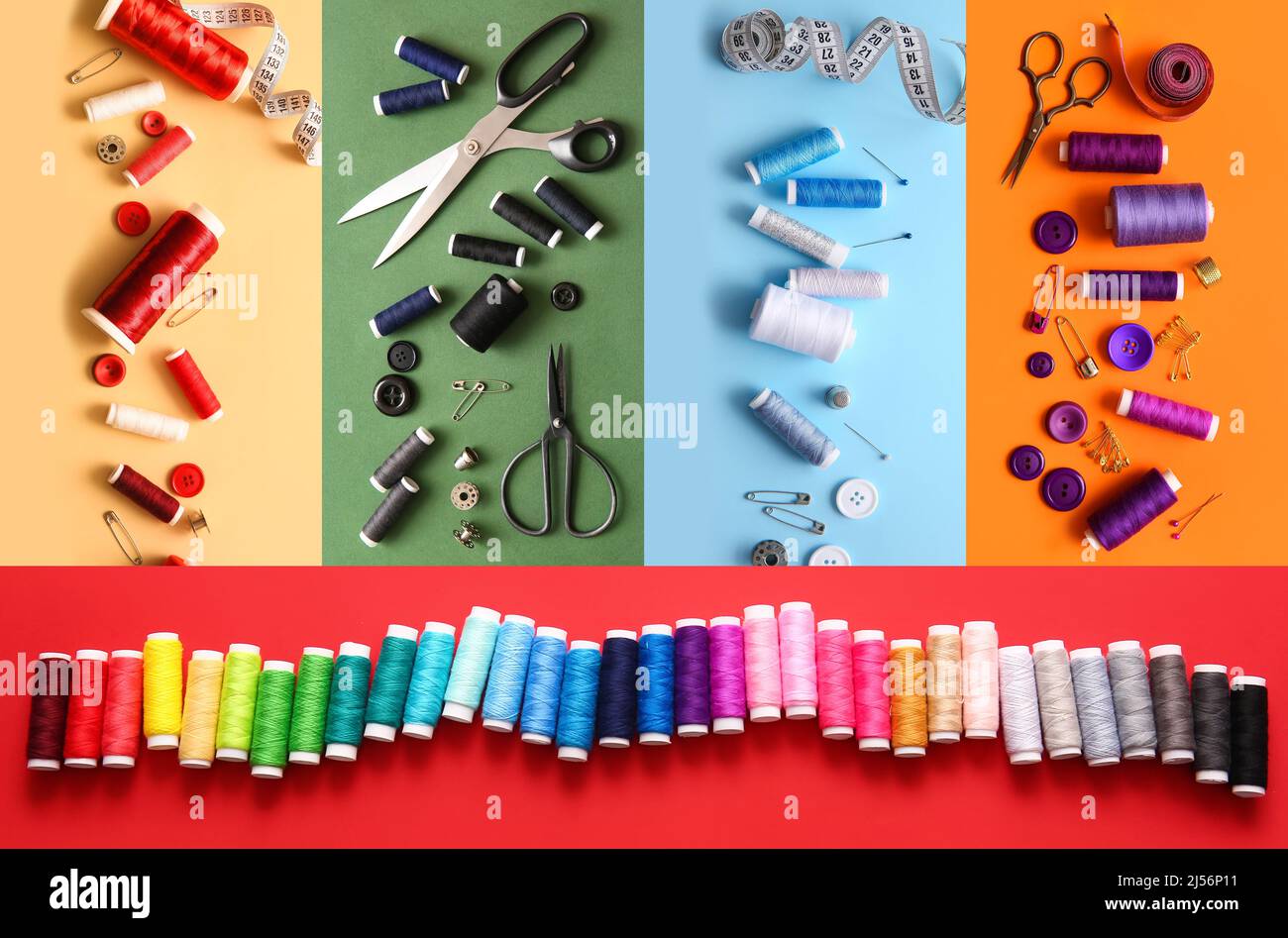 Collage with threads and tailoring supplies on color background, top ...