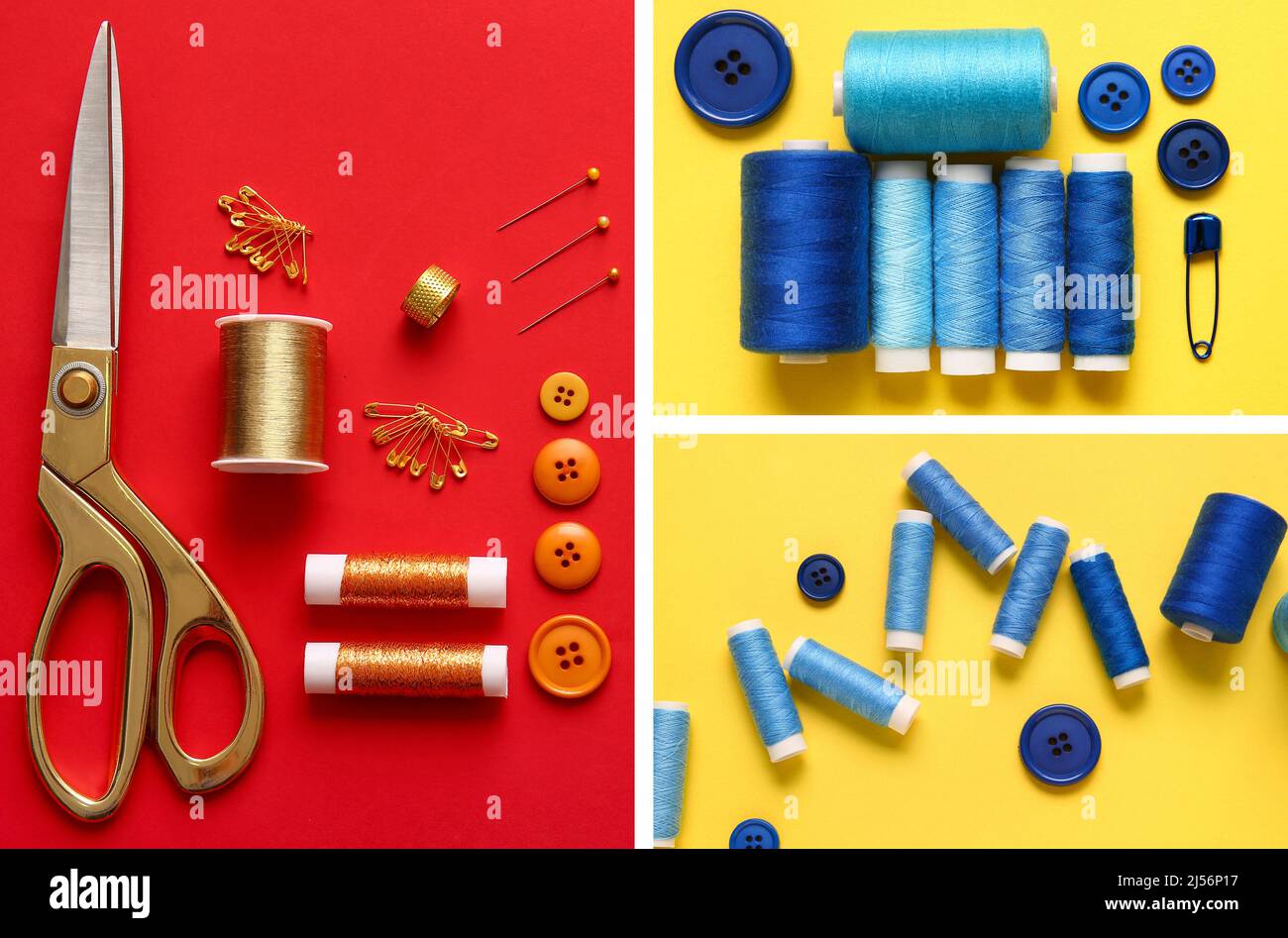 Collage with threads and tailoring supplies on color background, top ...