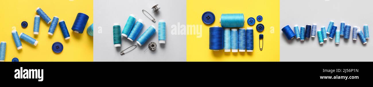 Collage with blue threads and tailoring supplies on color background ...