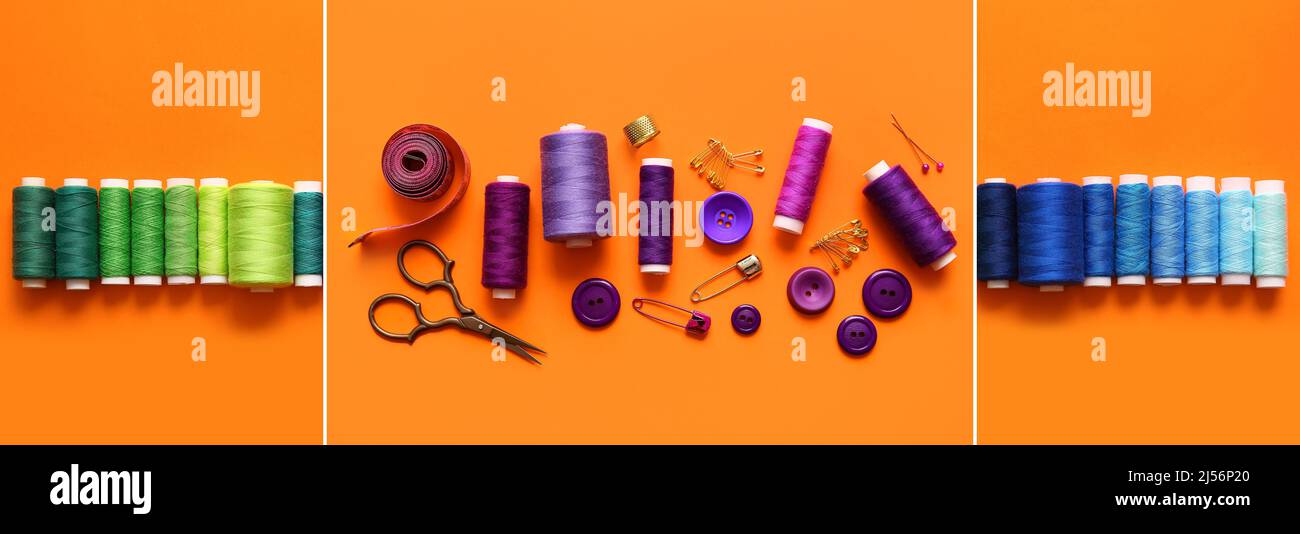 Collage with different threads and tailoring supplies on orange ...