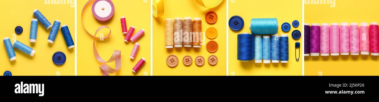 Collage with threads and tailoring supplies on yellow background, top ...