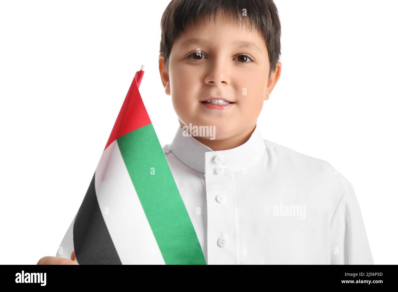 Cute little boy with national flag of UAE on white background Stock ...