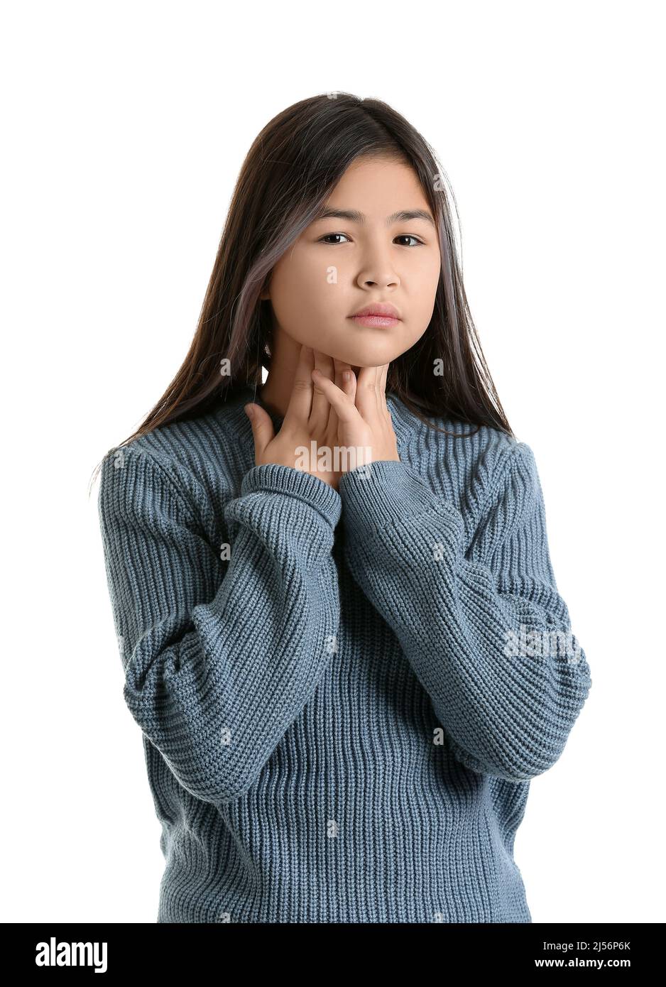Ill Asian girl with sore throat on white background Stock Photo - Alamy