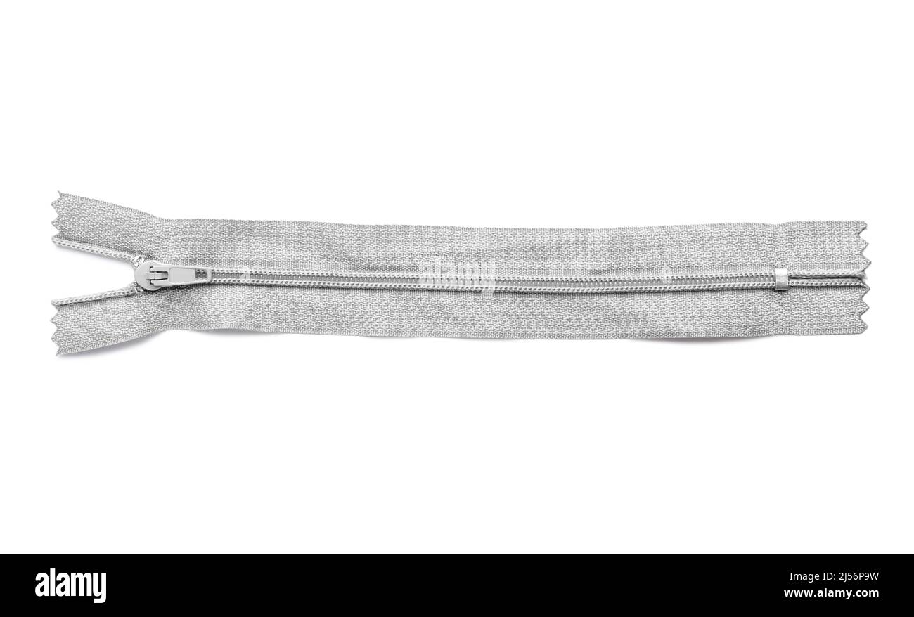 Stylish grey zipper on white background Stock Photo - Alamy