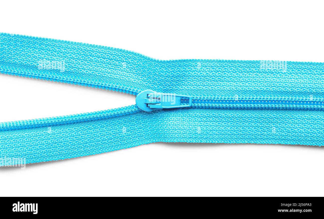 Stylish blue zipper on white background Stock Photo - Alamy