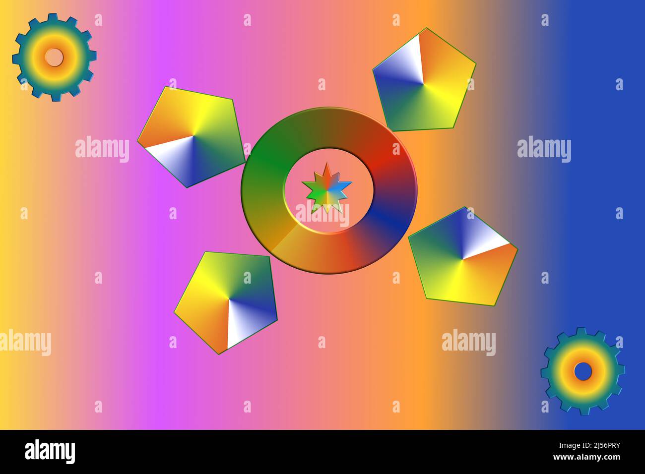 Colorful pentagons surrounding a doughnut with a star Stock Photo - Alamy