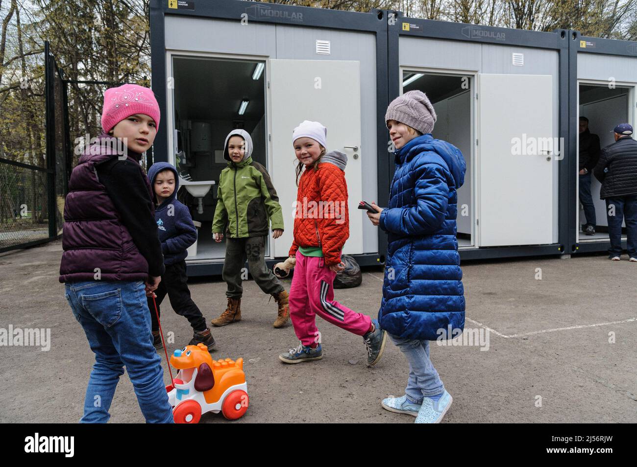 Ukrainian children seen playing at the settlement for displaced people ...