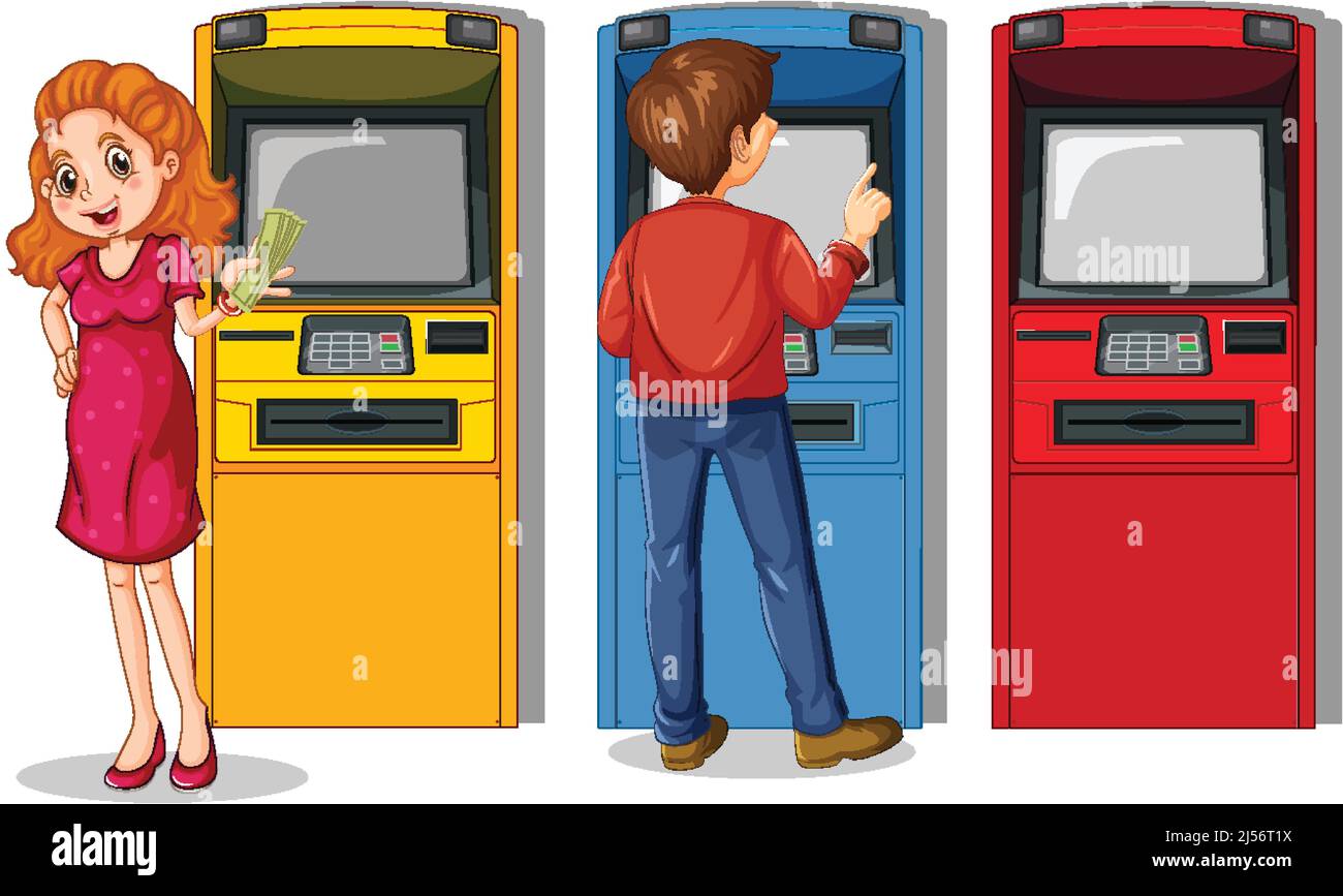 ATM machine with people cartoon character illustration Stock Vector ...