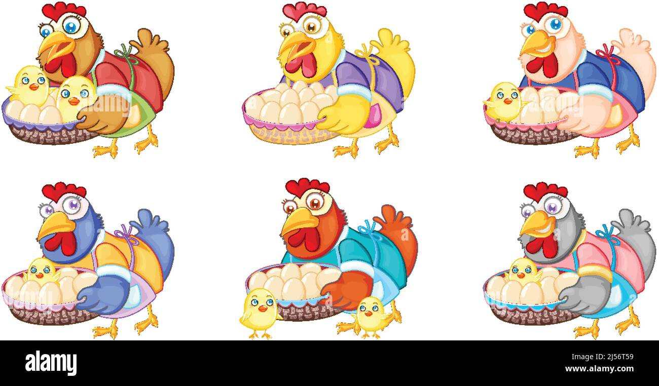 Set of cute chicken cartoon character holding a basket of eggs and ...