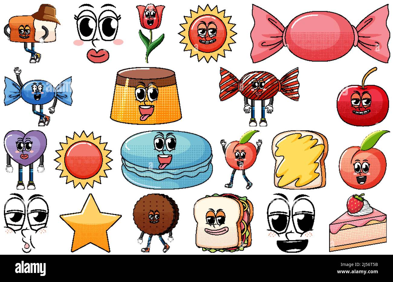 Set of facial expression with vintage style food cartoon on white ...