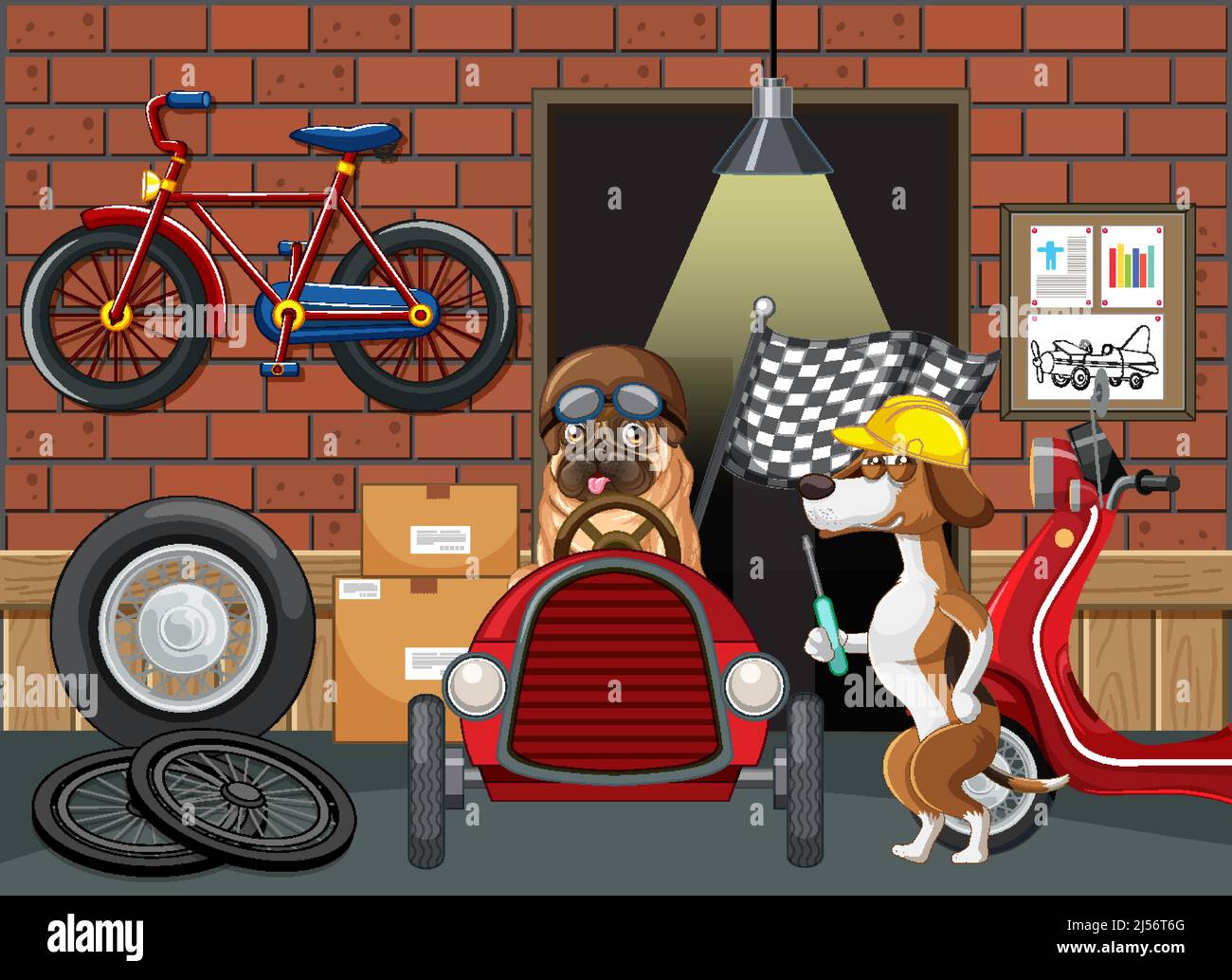 Dogs repairs car in garage illustration Stock Vector Image & Art - Alamy