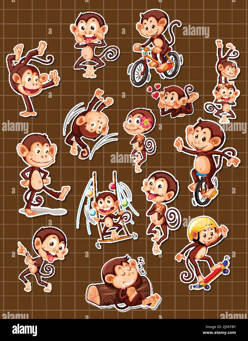 Sticker set of funny monkey cartoon characters illustration Stock ...
