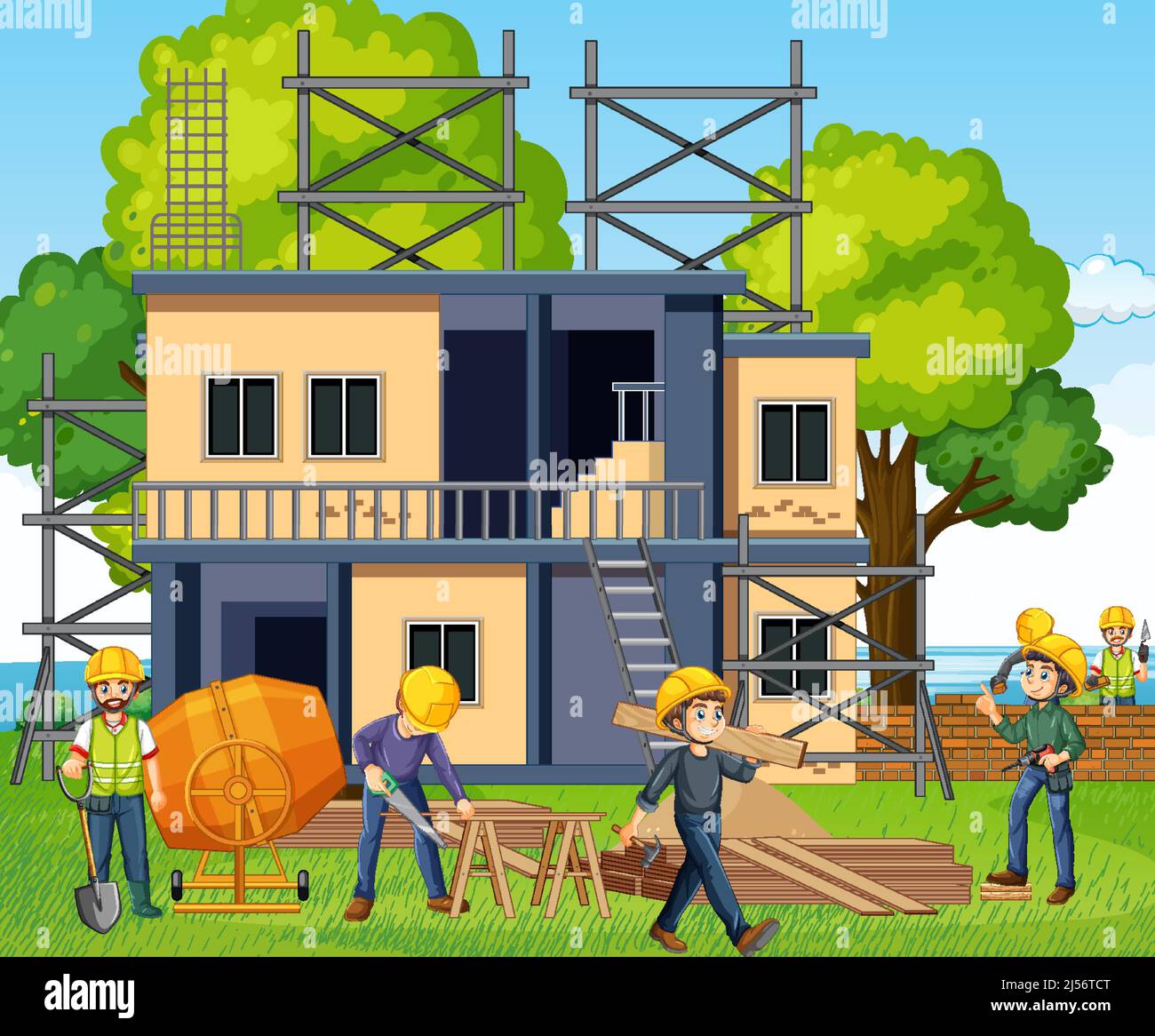 Construction site with workers illustration Stock Vector Image & Art ...