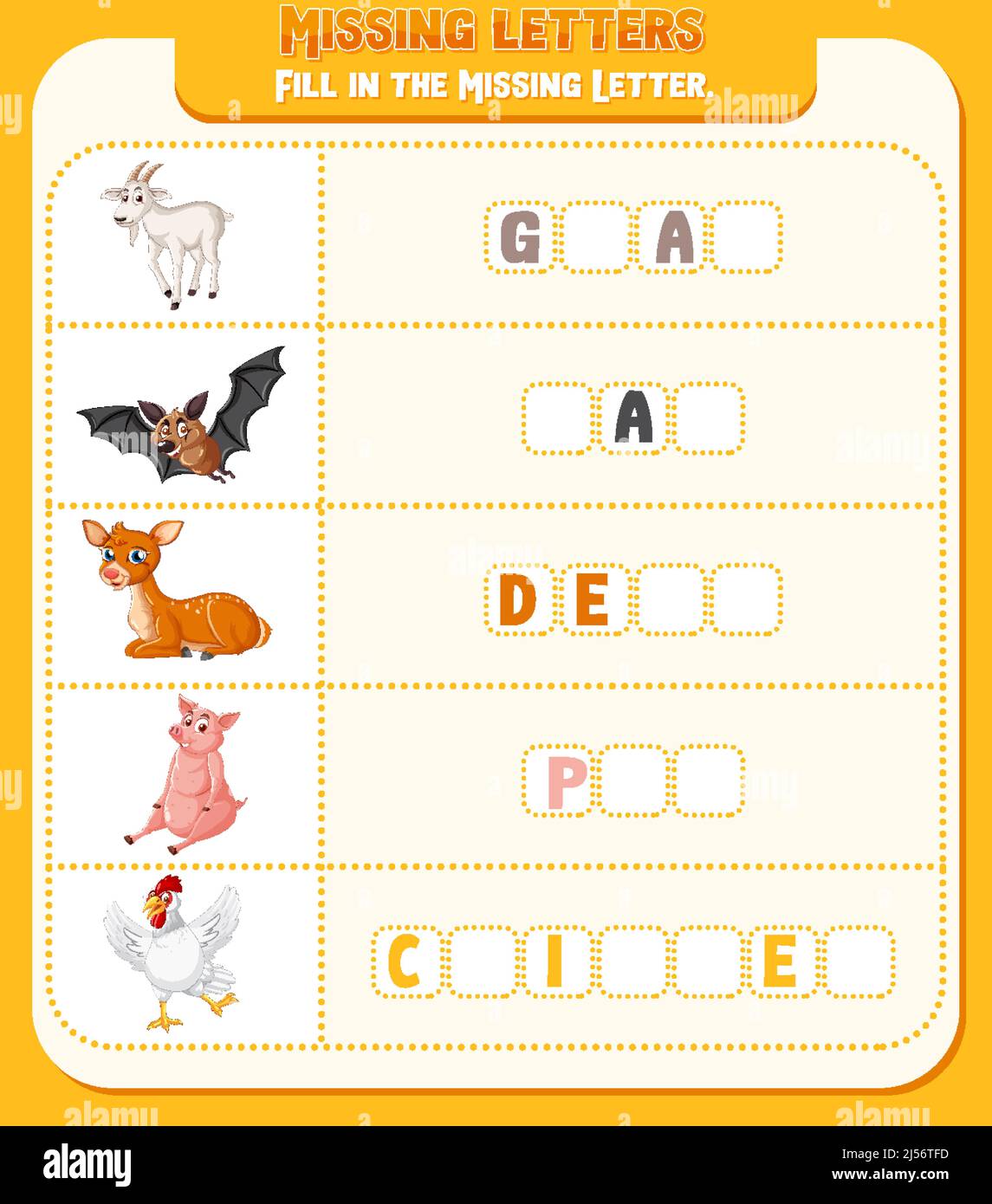 Fill the missing letter of each word worksheet for children ...