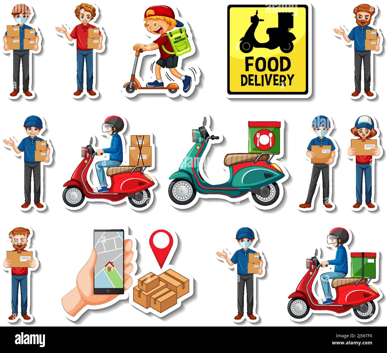 Sticker set of delivery objects and cartoon characters illustration ...