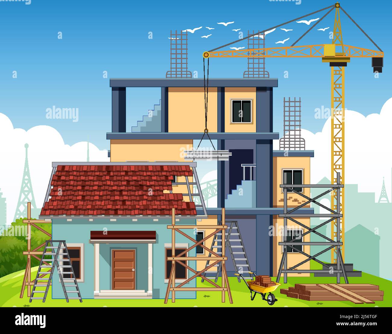 Cartoon scene of building construction site illustration Stock Vector ...