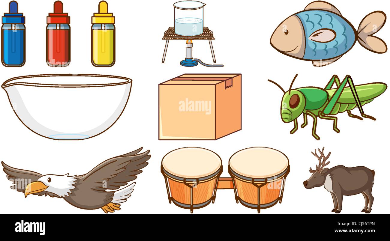 Cute animals and other items on white background illustration Stock ...