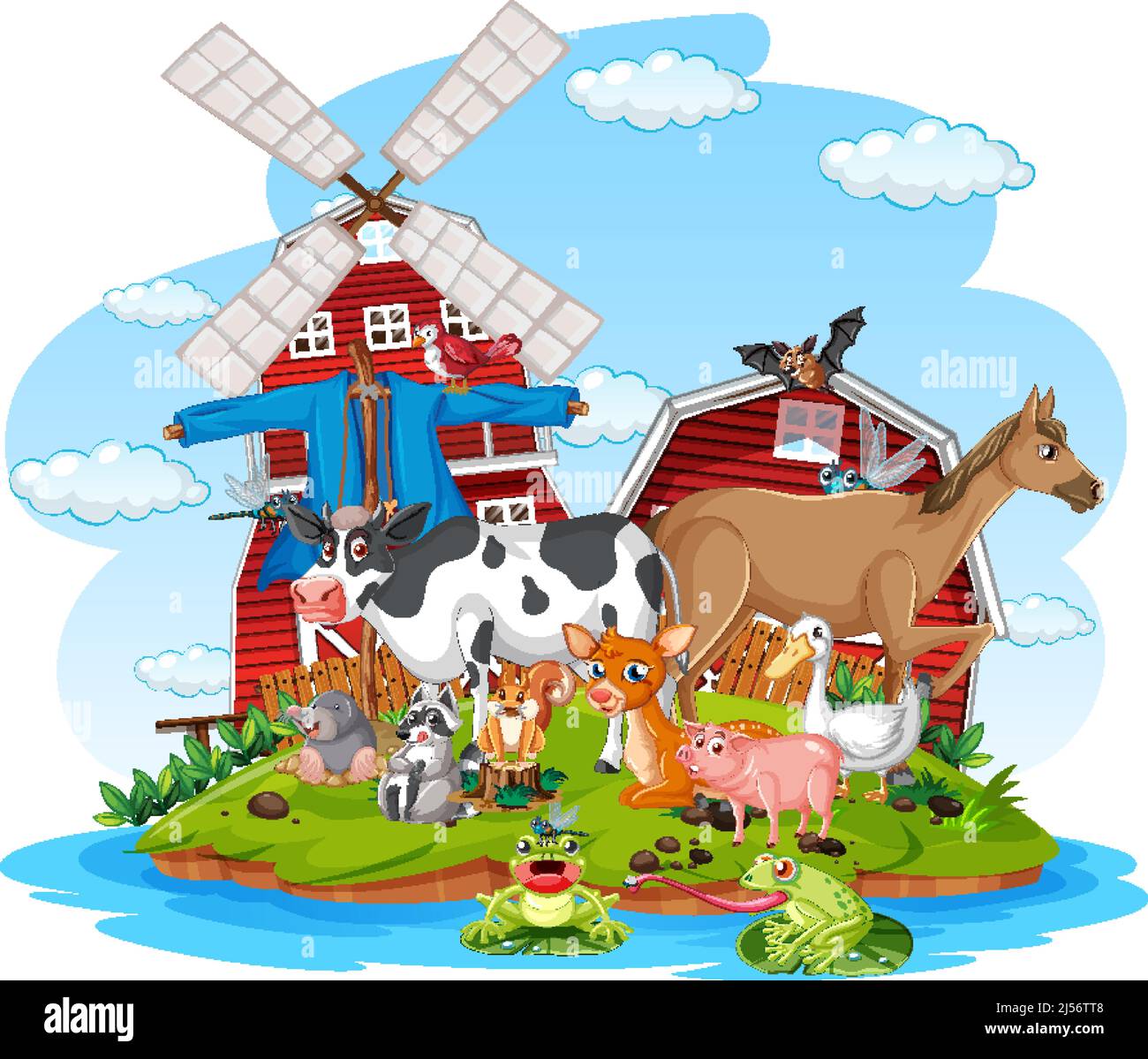 Farm scene with many animals by the barn illustration Stock Vector ...
