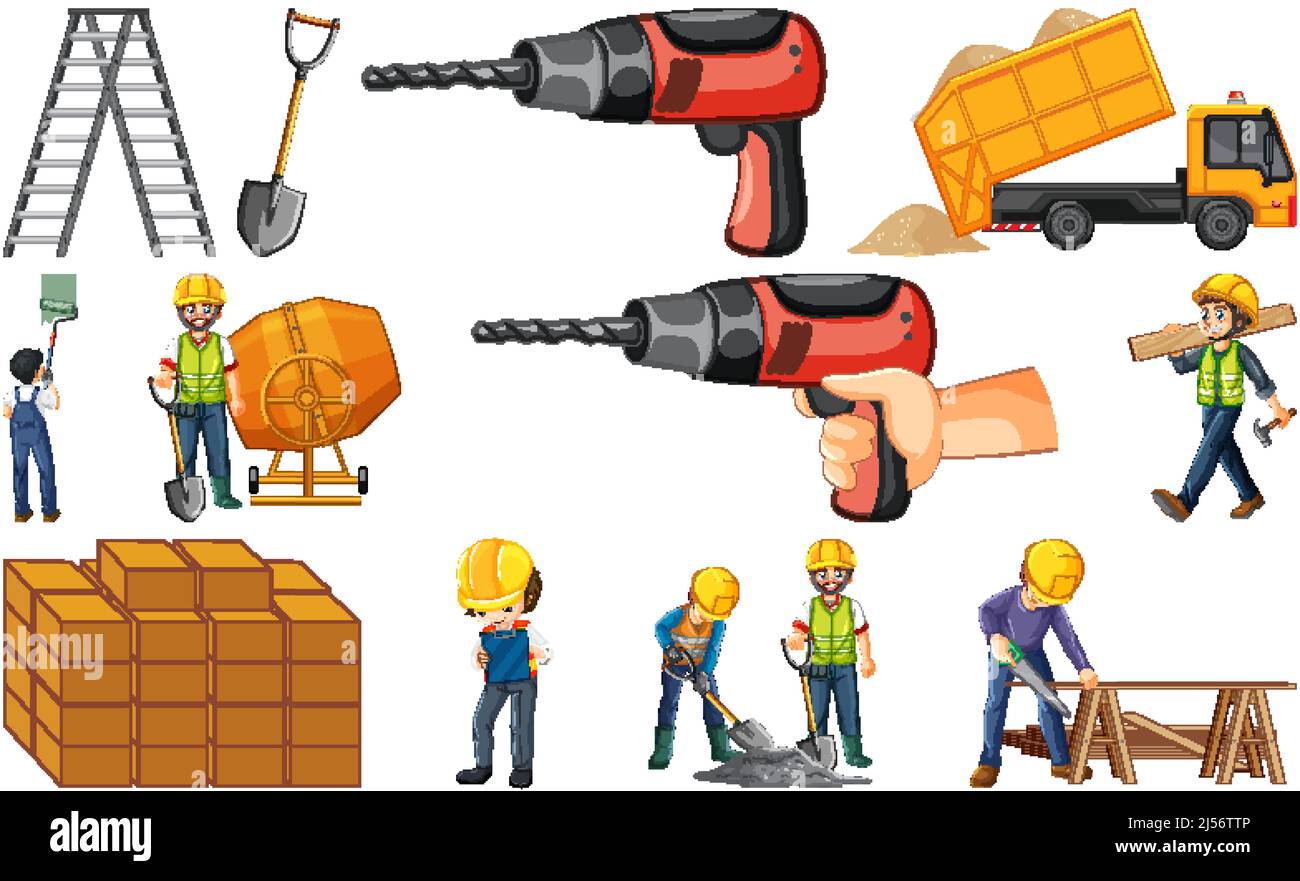 Set of construction site objects and workers illustration Stock Vector ...
