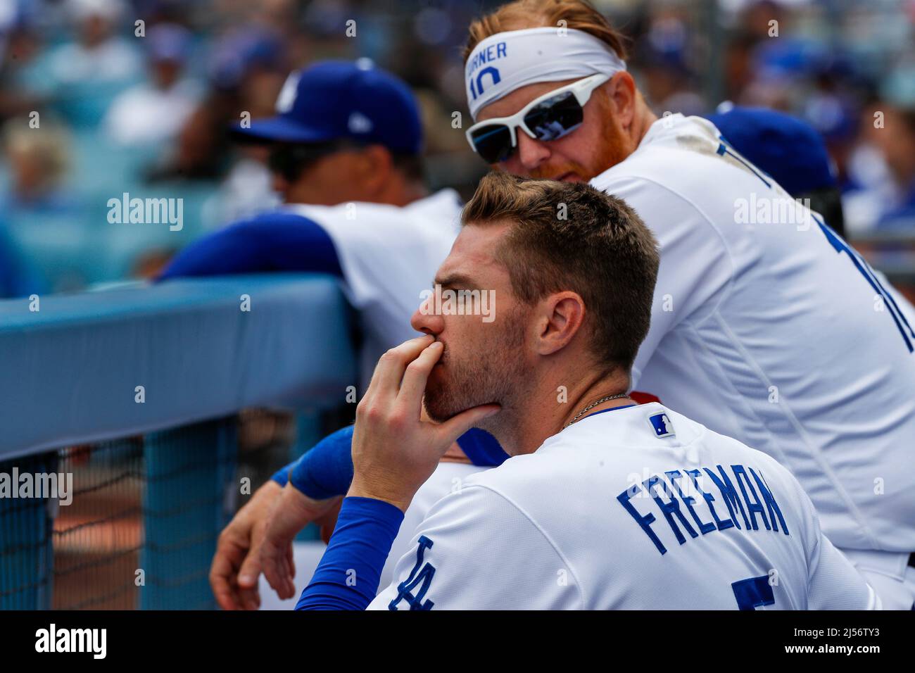 Los Angeles Dodgers first basemen Freddie Freeman (5) looks on during ...