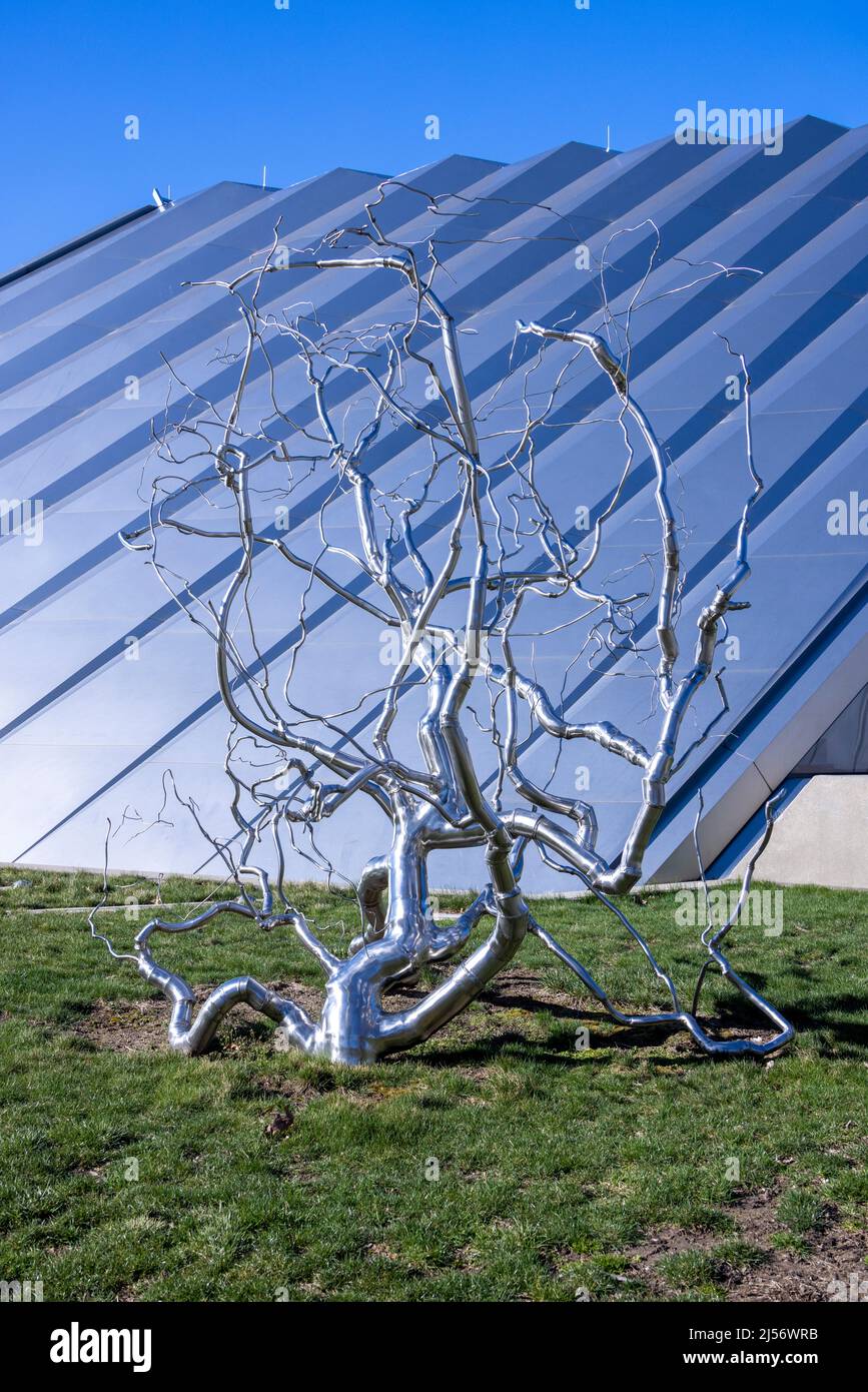 sculpture Containment I, 2009, stainless steel, by Roxy Paine, in front of The Broad Art Museum ...