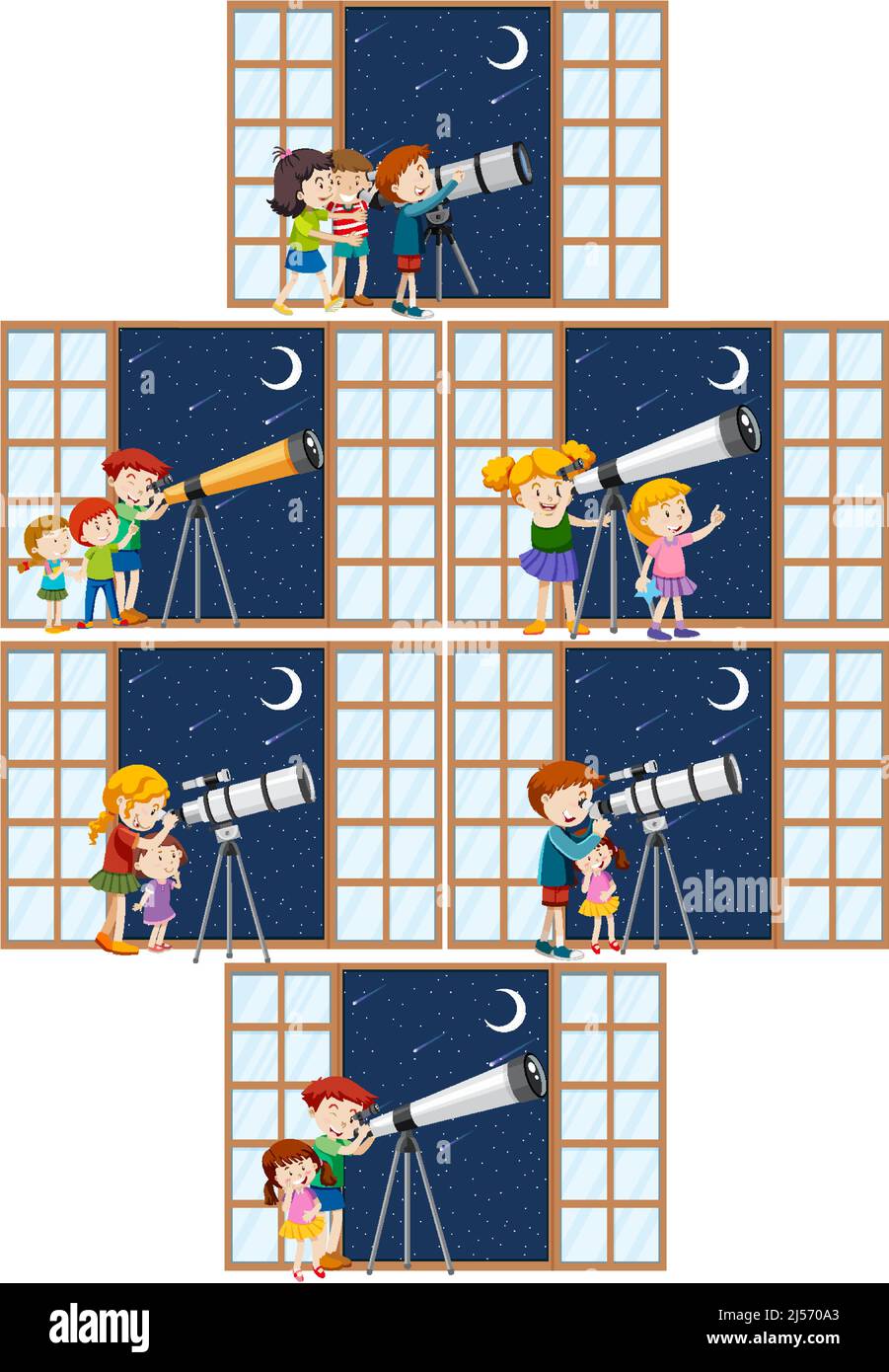Set of different kids observe night sky with telescope illustration ...
