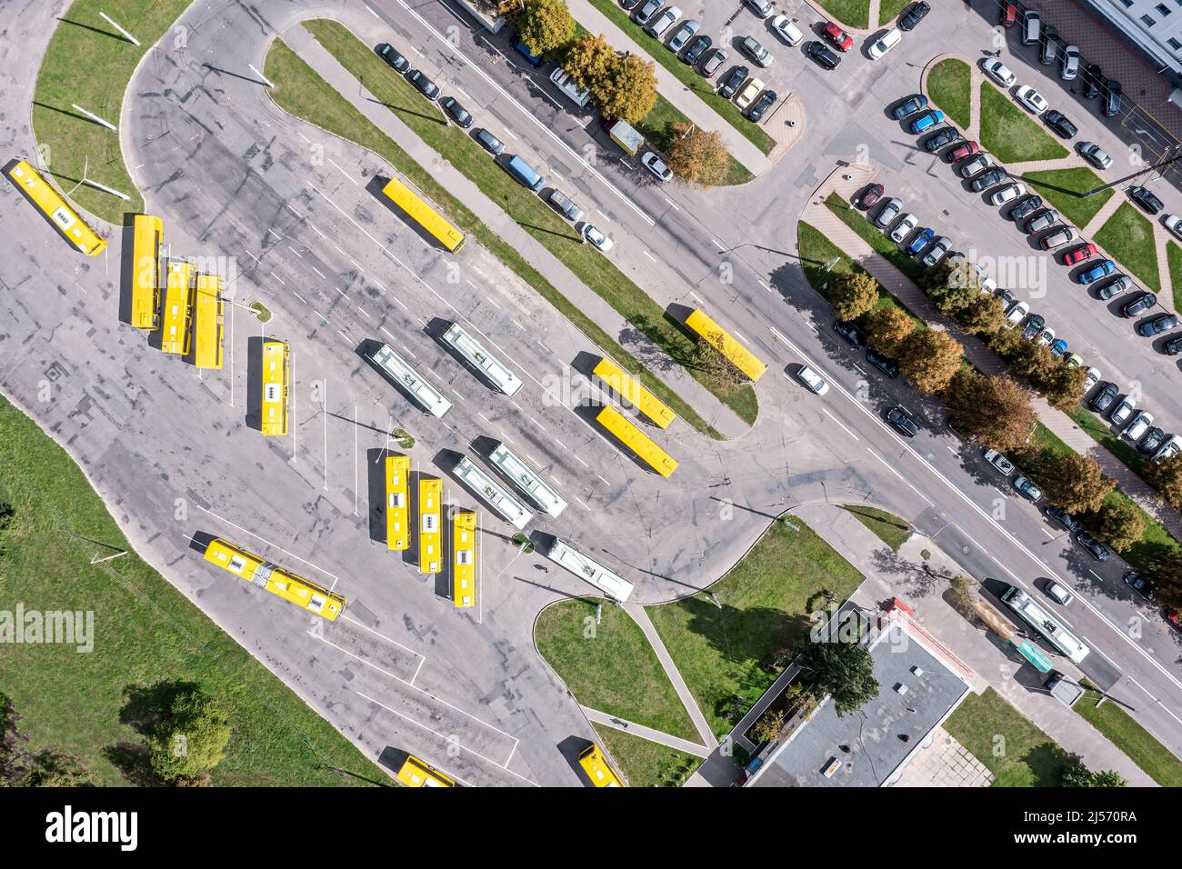bus station with parked yellow busses. city public transportation ...