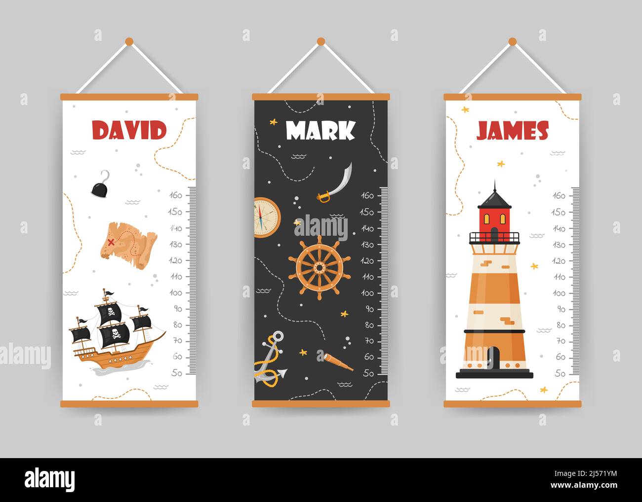 Kids height charts collection. Meter wall with pirate ship, lighthouse ...