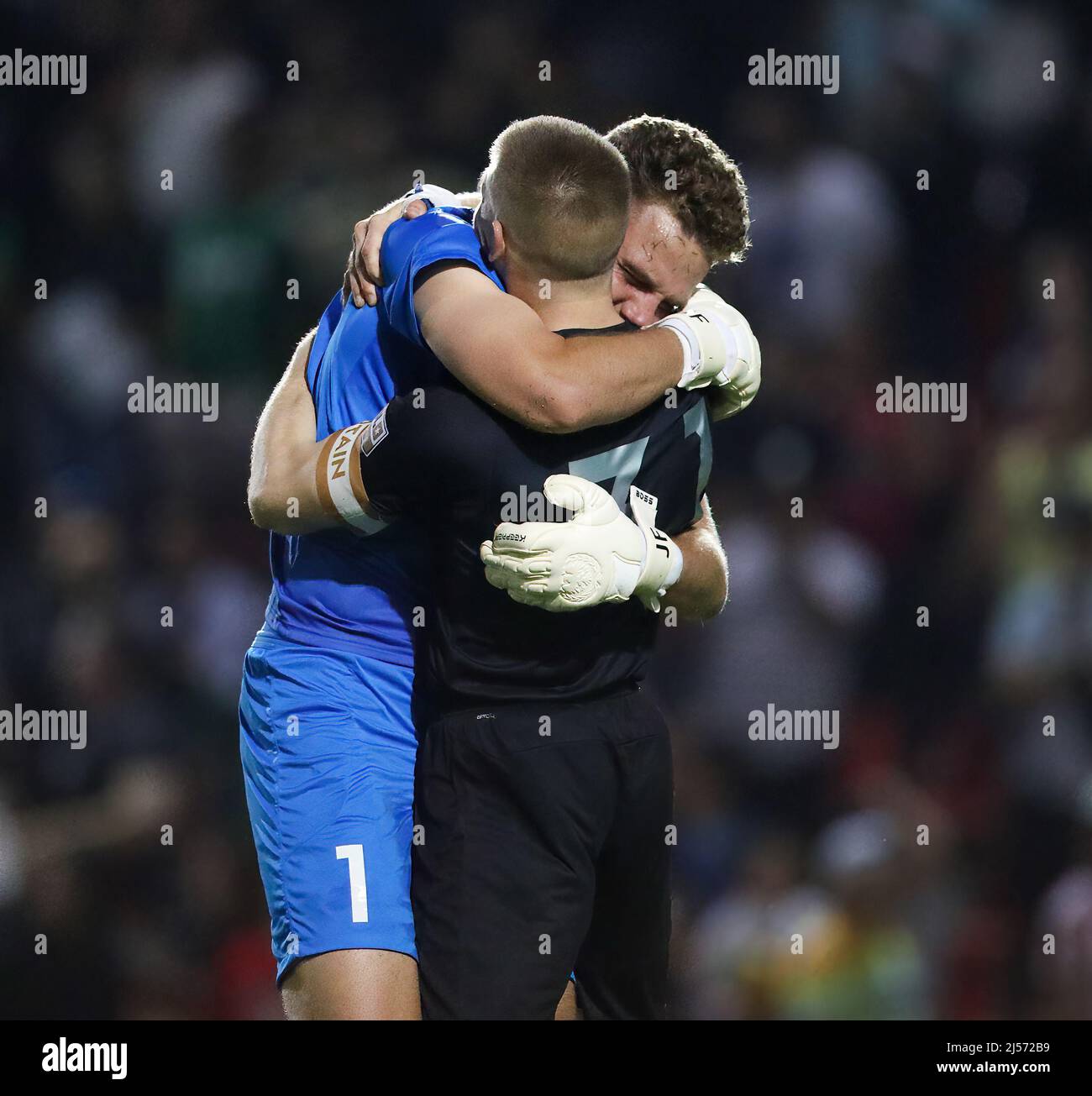 April 20, 2022: San Antonio FC goalkeeper Jordan Farr (1) celebrates ...