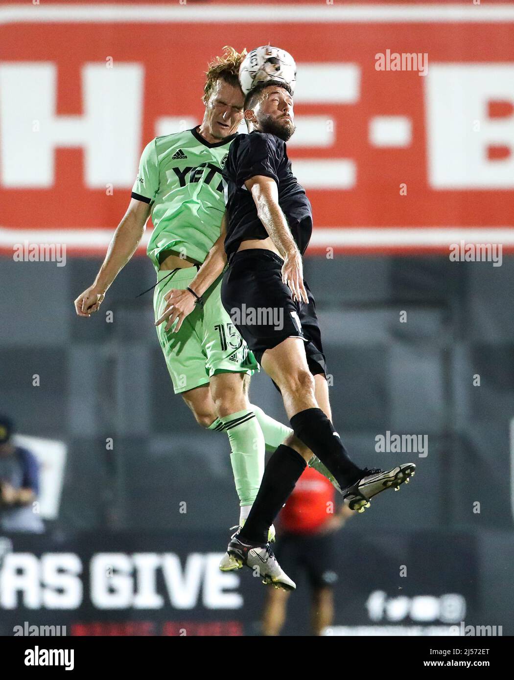 April 20, 2022: Austin FC defender Kipp Keller (15) leaps to head the ...