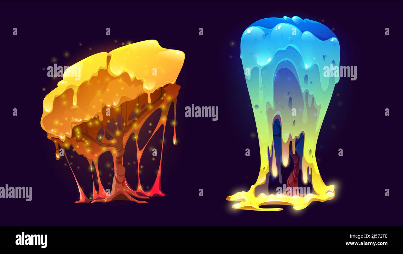 Fantasy magic trees with dripping shiny slime. Vector cartoon fantastic ...