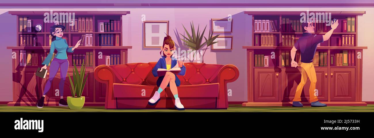 People read and choose book on shelves in library or store. Vector ...