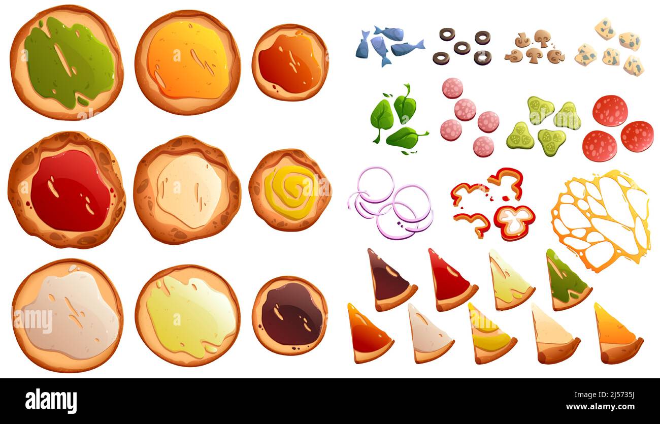 Italian pizza constructor with round dough base, different sauces and ...