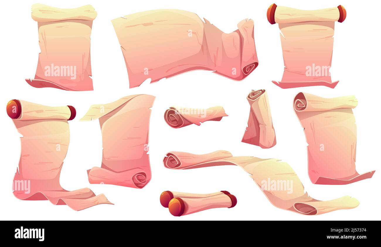 Parchment scrolls, old banners letters, cartoon rolls, blank paper open and convolute antique ...