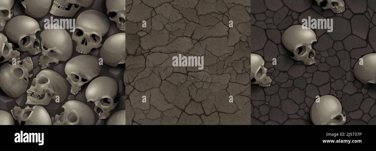Textures of dry soil and ground with buried skulls, game vector ...