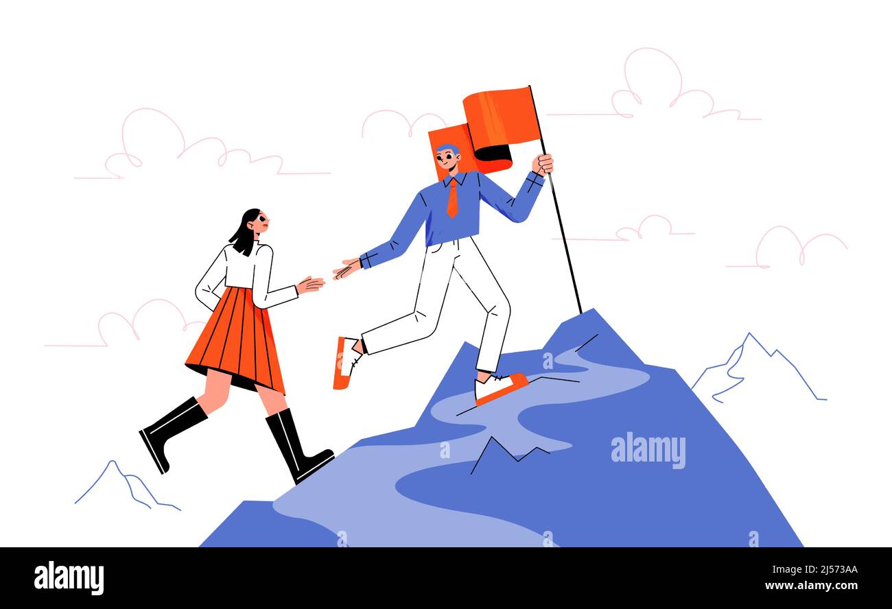 Business character leader help colleague climb rock top. Man and woman ...