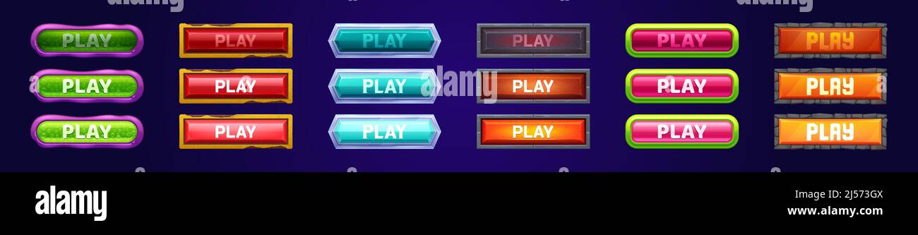 Play buttons for game menu interface. Vector cartoon set of active ...