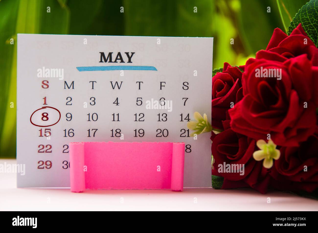 Blank torn pink paper with calendar, roses and plant background. Copy ...